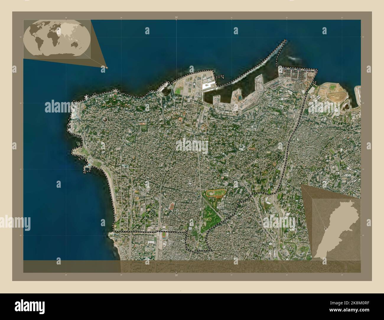 Beirut, governorate of Lebanon. High resolution satellite map. Corner ...