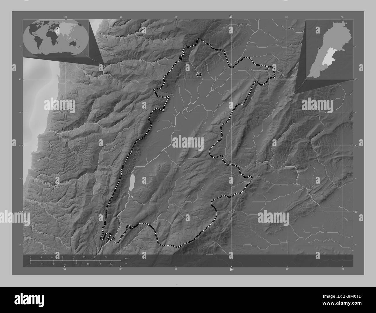 Beqaa, governorate of Lebanon. Grayscale elevation map with lakes and ...