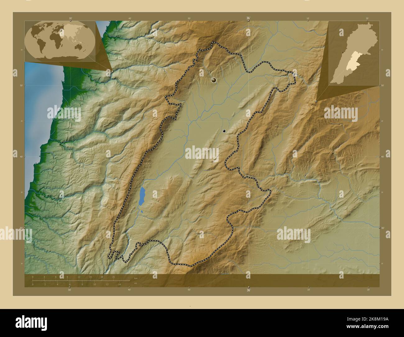 Beqaa, governorate of Lebanon. Colored elevation map with lakes and ...