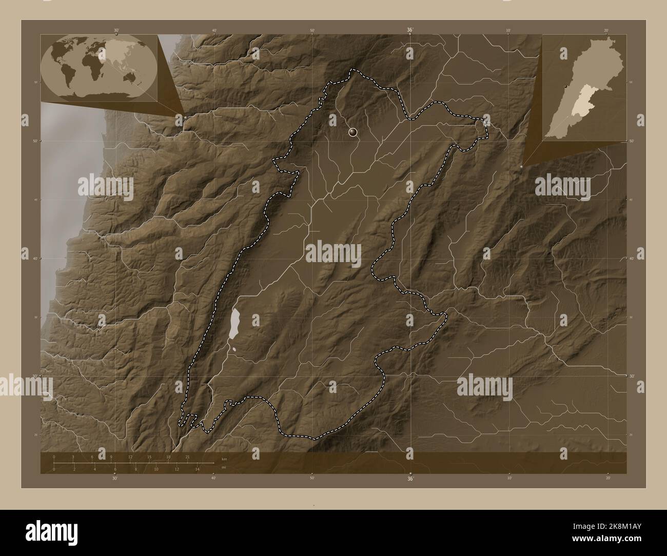 Beqaa, governorate of Lebanon. Elevation map colored in sepia tones ...