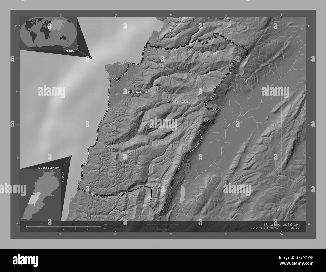 Mount Lebanon, governorate of Lebanon. Bilevel elevation map with lakes ...