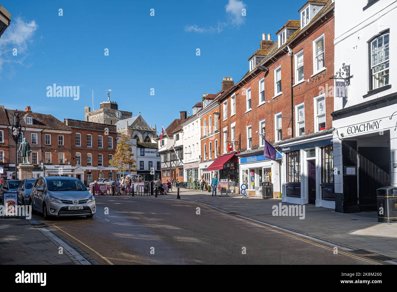 Street view to the Market Place in Romsey town centre, Hampshire ...