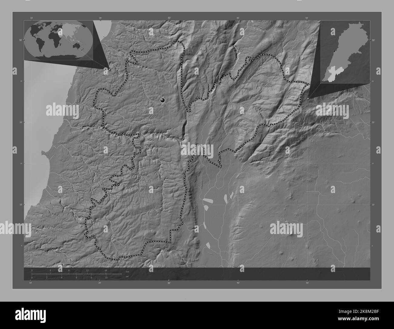 Nabatiyeh, governorate of Lebanon. Bilevel elevation map with lakes and rivers. Corner auxiliary ...