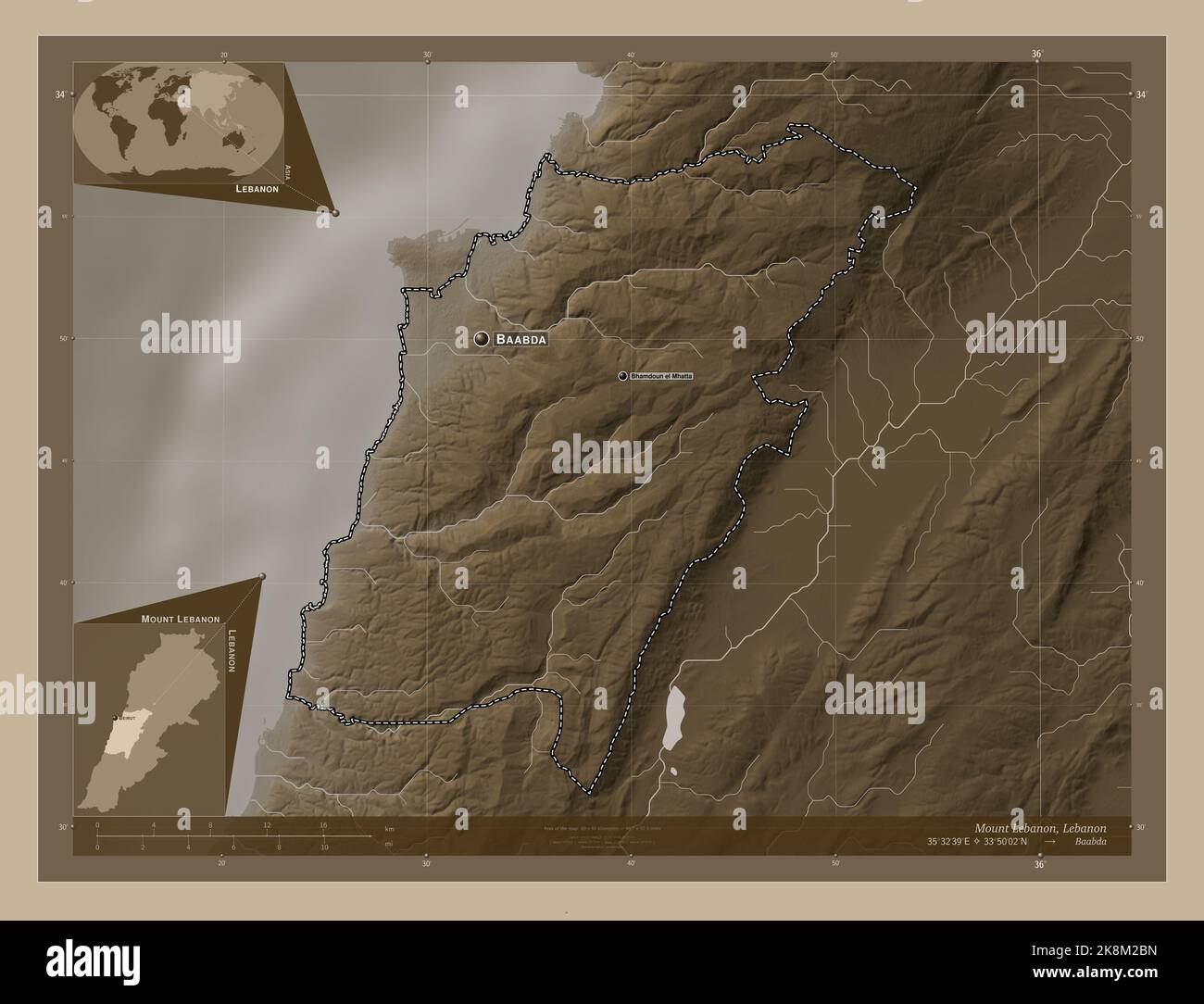 Mount Lebanon, governorate of Lebanon. Elevation map colored in sepia ...