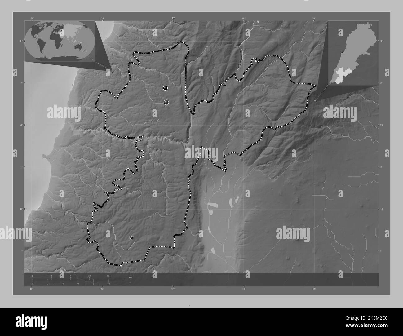Nabatiyeh, governorate of Lebanon. Grayscale elevation map with lakes ...