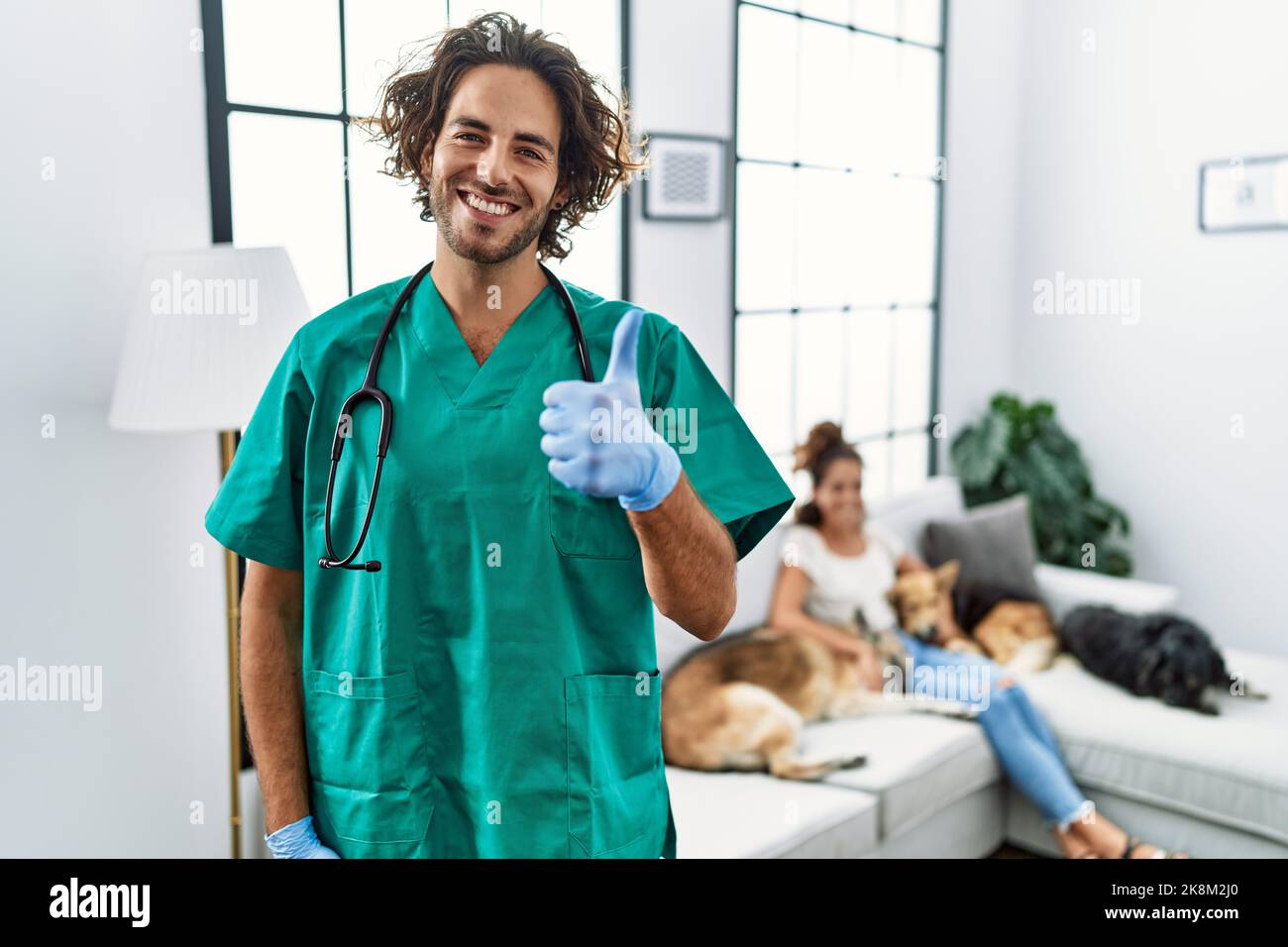 Young veterinarian man checking dogs at home smiling happy and positive ...