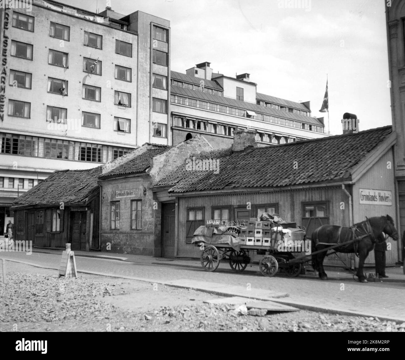 Greenland, Oslo, beer car from Ringnes Brewery. Old and new buildings ...