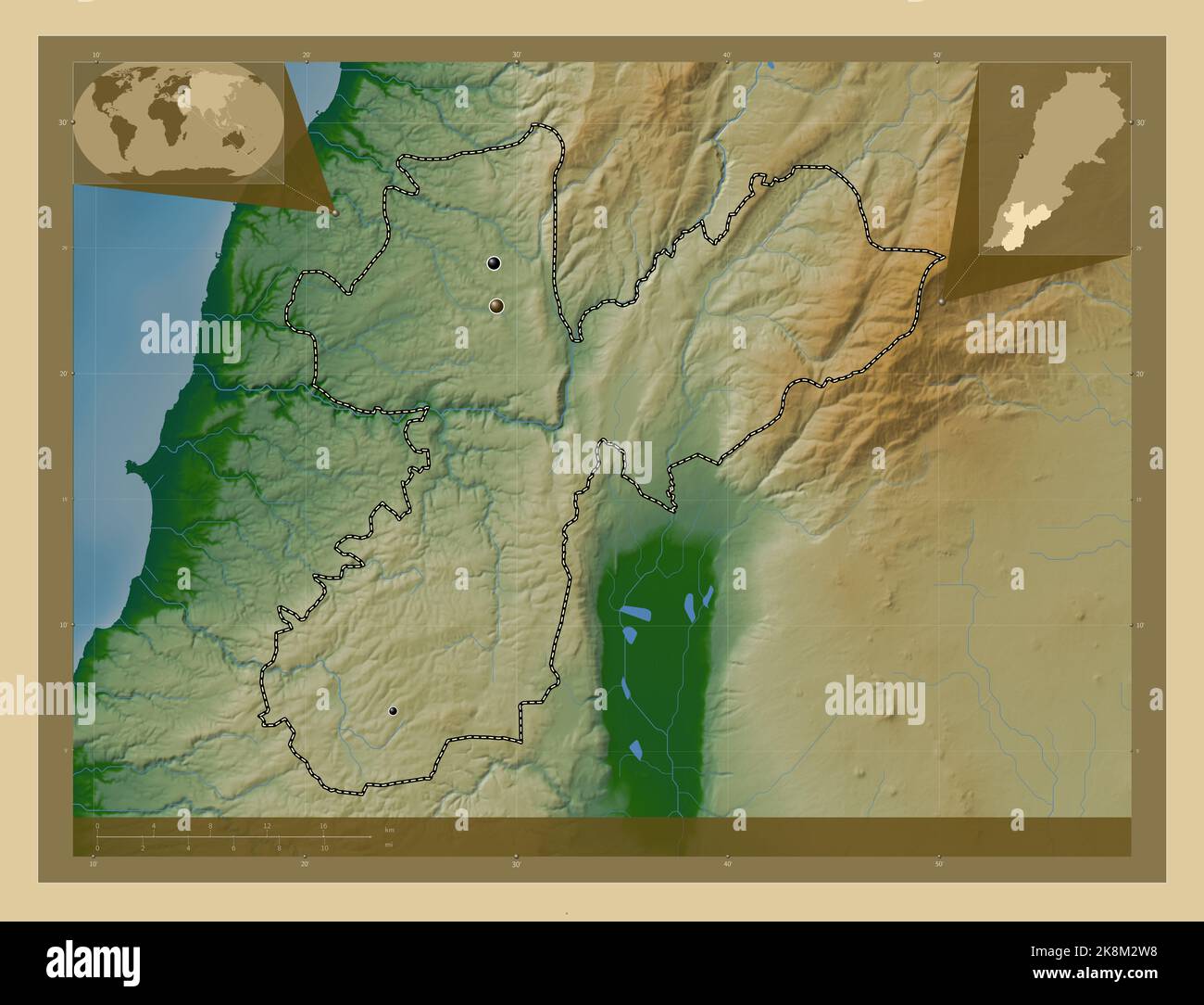 Nabatiyeh, governorate of Lebanon. Colored elevation map with lakes and ...