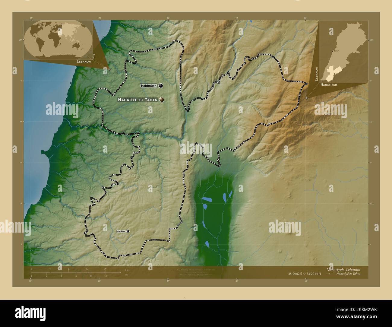 Nabatiyeh, governorate of Lebanon. Colored elevation map with lakes and ...