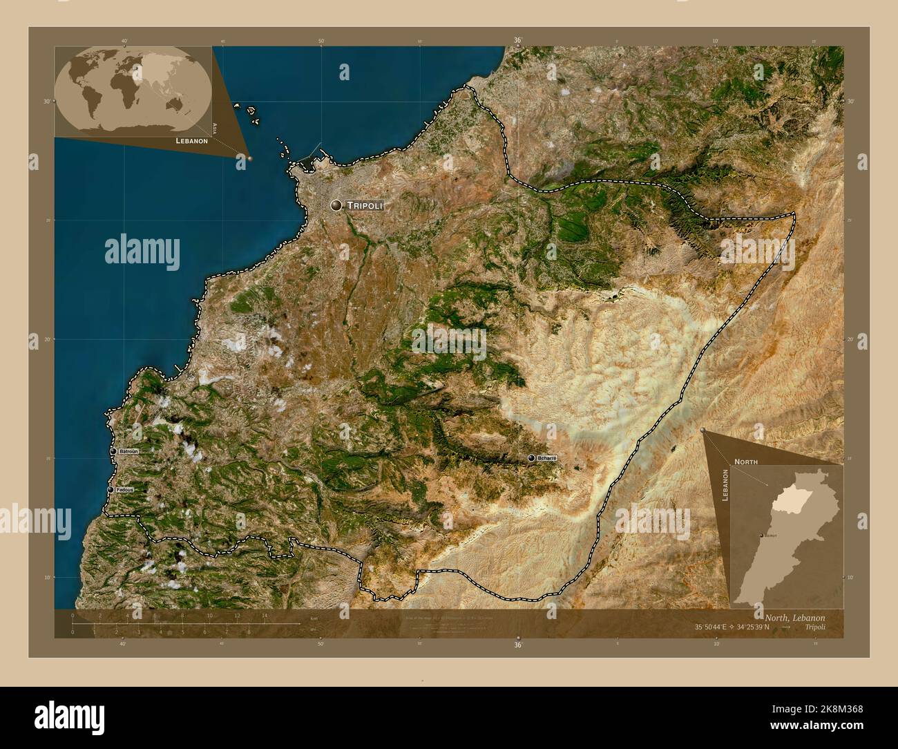 North, governorate of Lebanon. Low resolution satellite map. Locations ...
