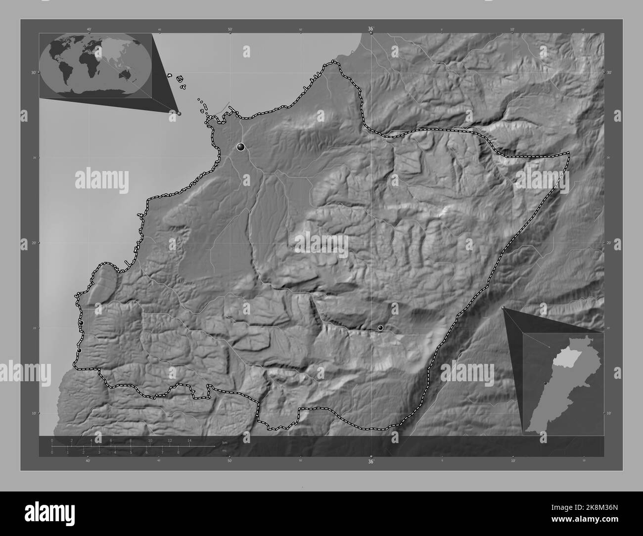 North, governorate of Lebanon. Bilevel elevation map with lakes and ...