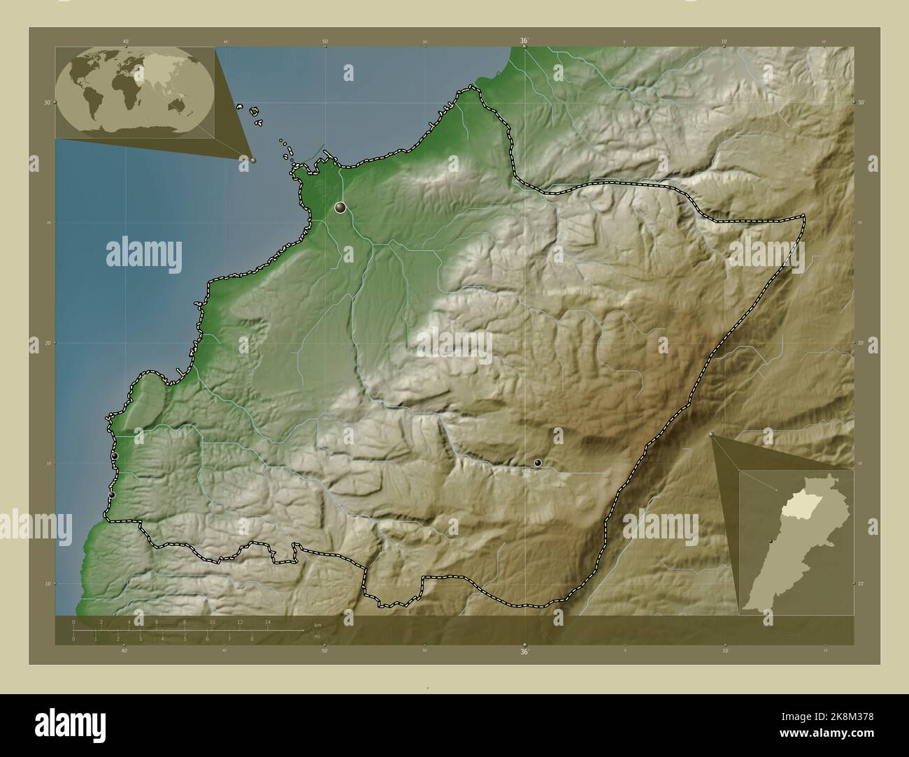North, governorate of Lebanon. Elevation map colored in wiki style with ...