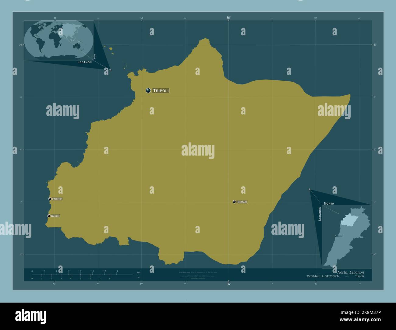 North, governorate of Lebanon. Solid color shape. Locations and names ...