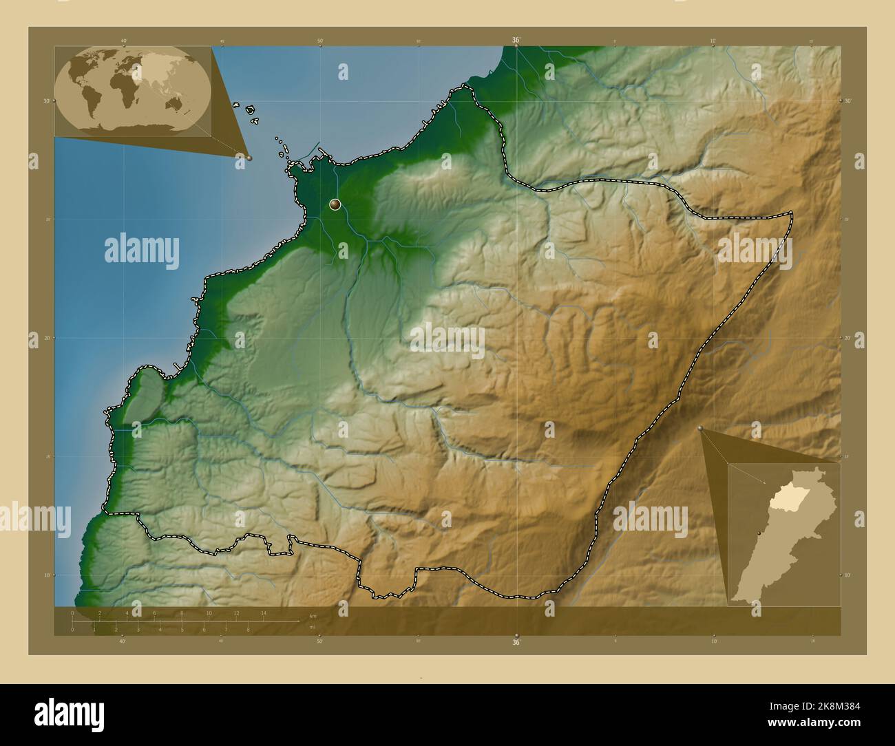 North, governorate of Lebanon. Colored elevation map with lakes and rivers. Corner auxiliary ...