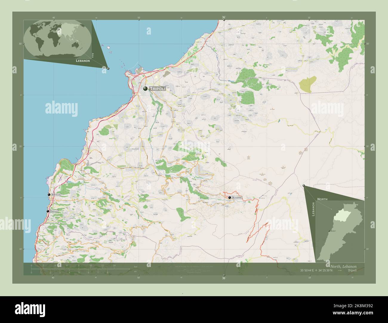 North, governorate of Lebanon. Open Street Map. Locations and names of ...