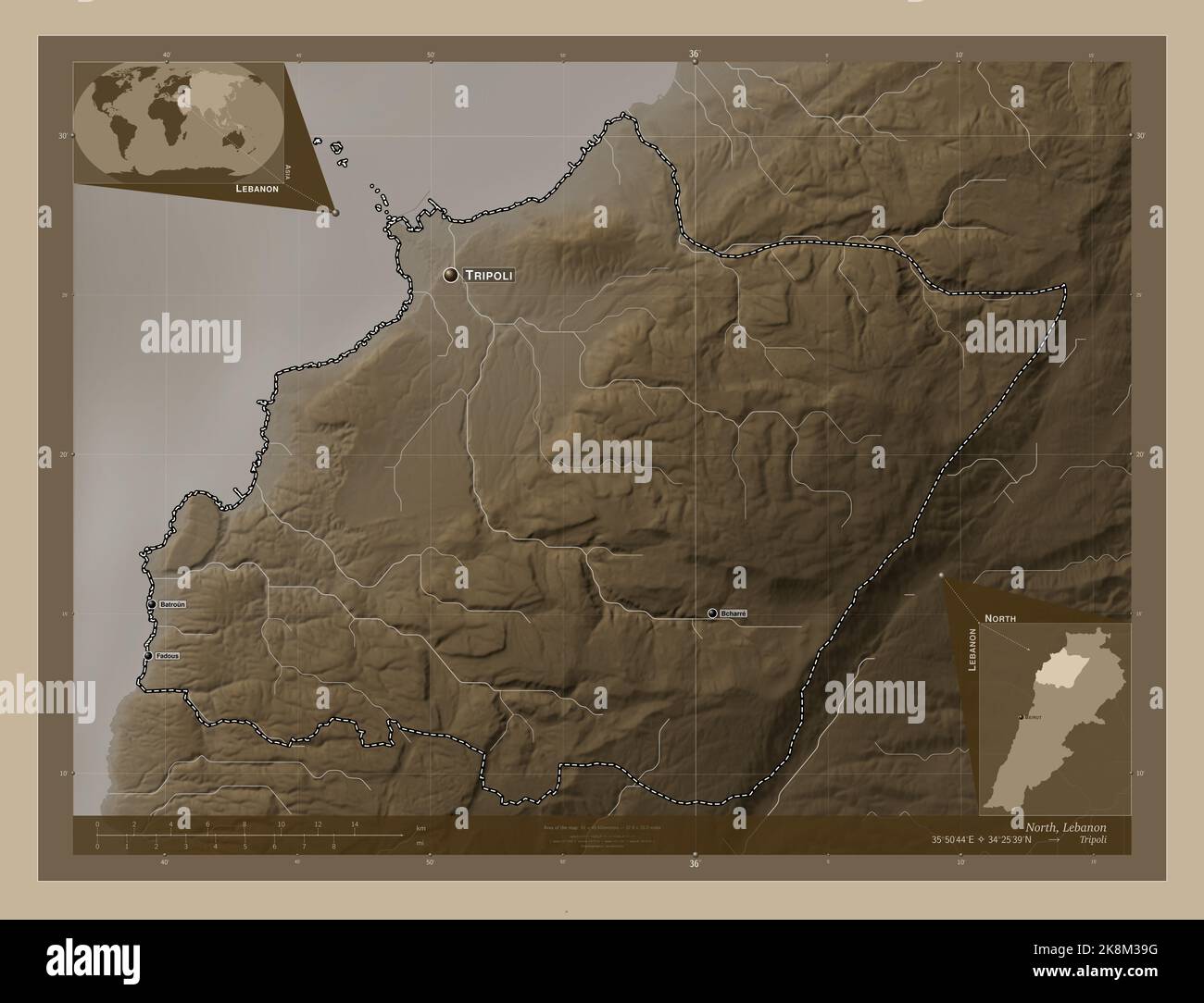 North, governorate of Lebanon. Elevation map colored in sepia tones ...