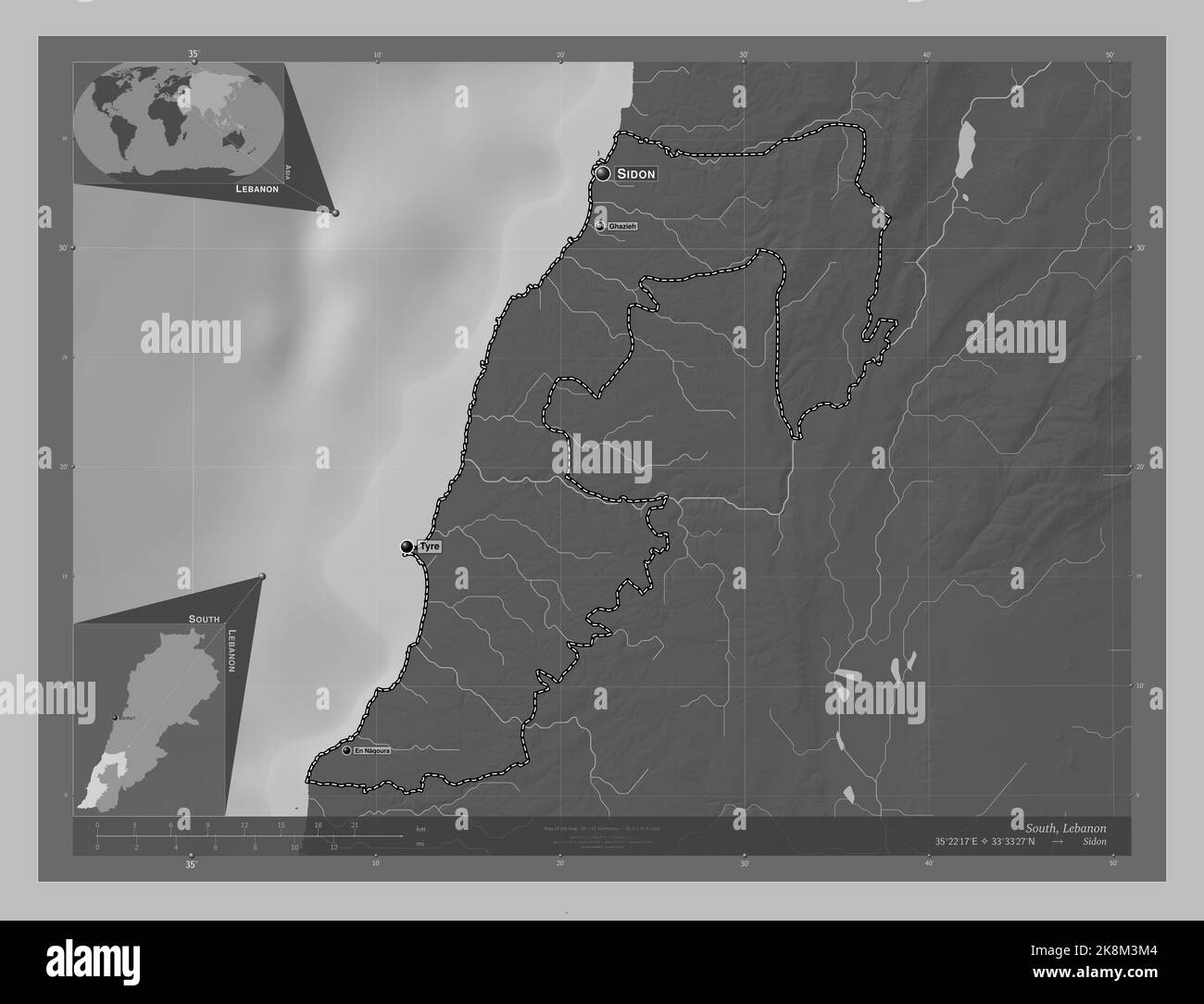 South, governorate of Lebanon. Grayscale elevation map with lakes and ...