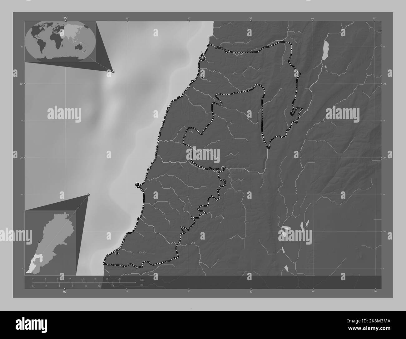 South, governorate of Lebanon. Grayscale elevation map with lakes and ...
