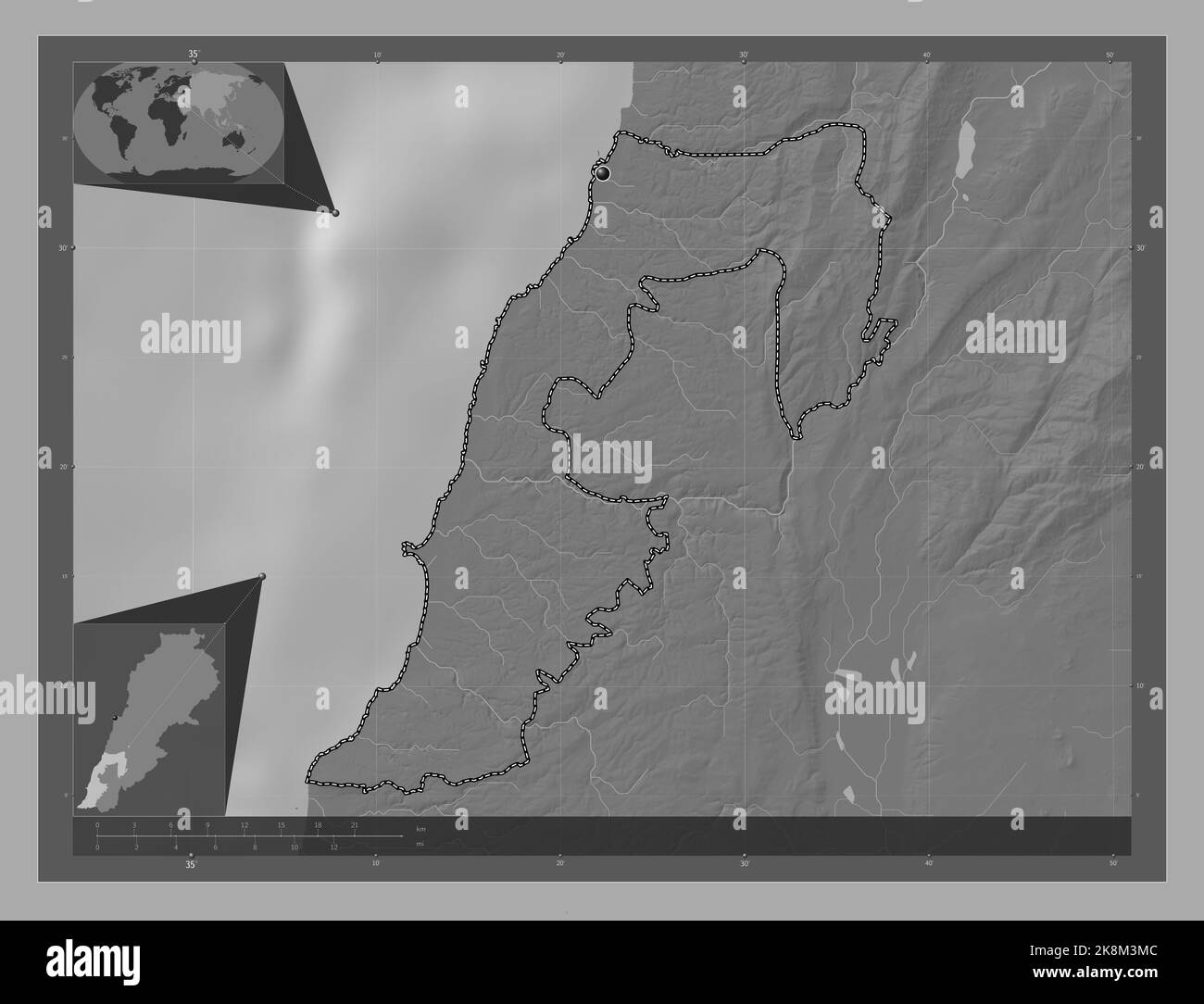 South, governorate of Lebanon. Bilevel elevation map with lakes and rivers. Corner auxiliary ...
