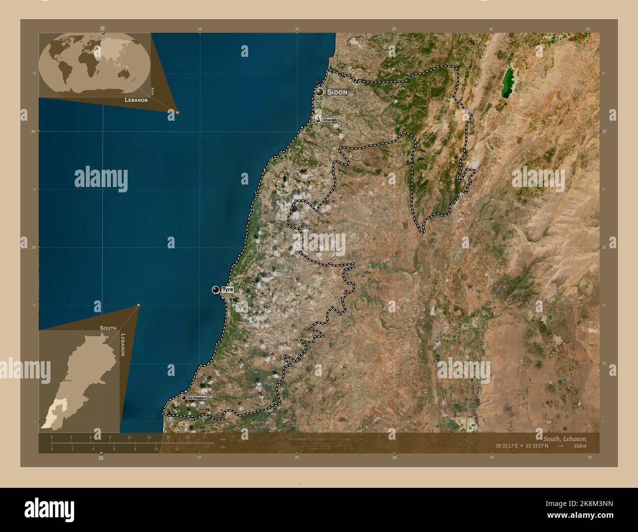 South, governorate of Lebanon. Low resolution satellite map. Locations ...