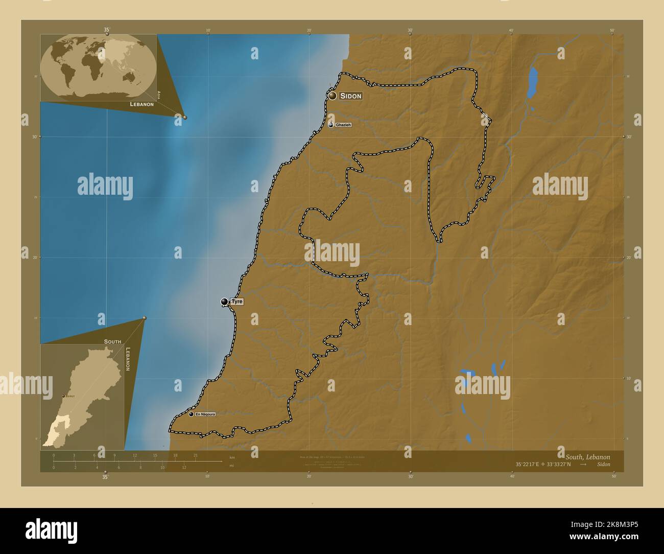 South, governorate of Lebanon. Colored elevation map with lakes and ...