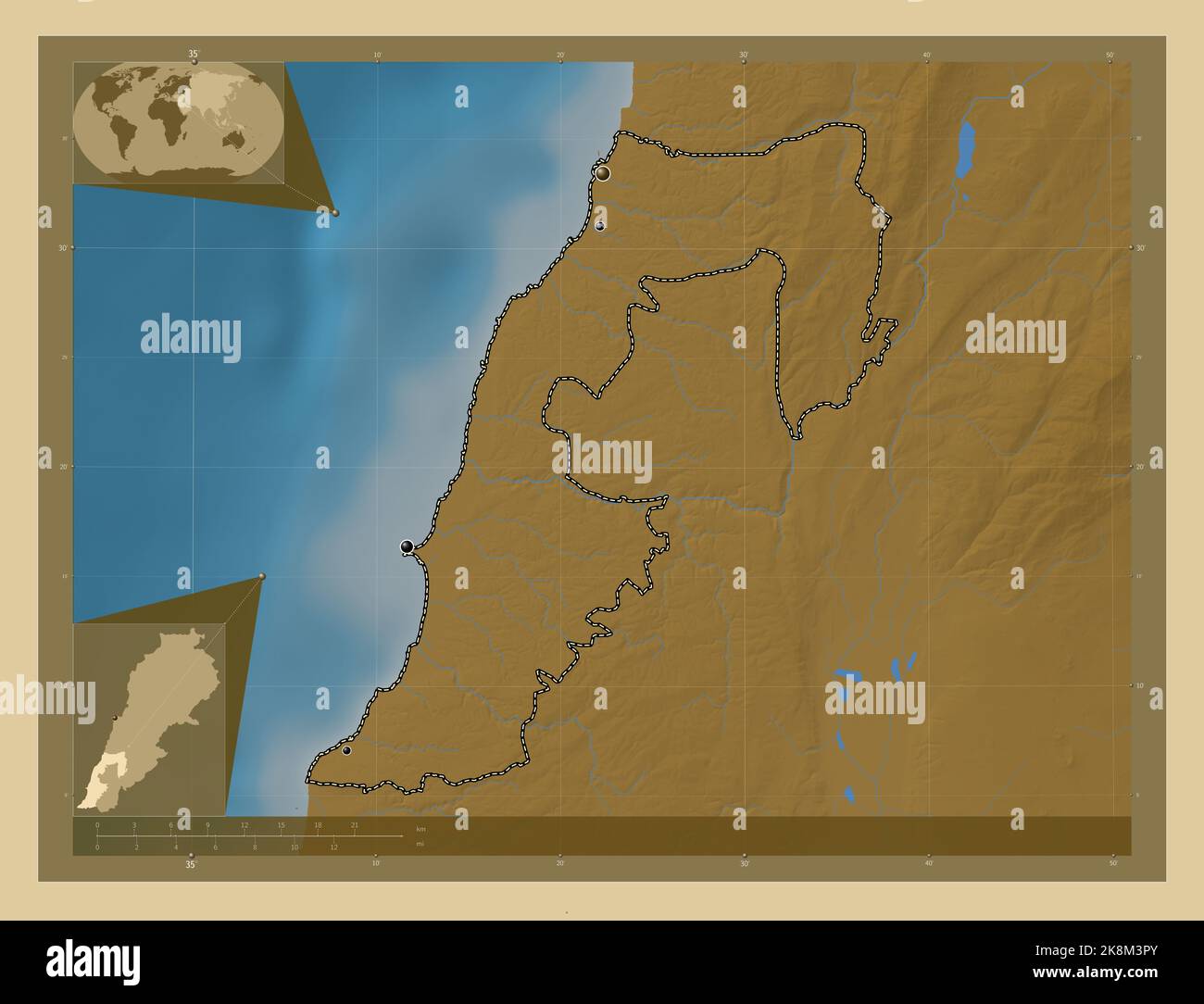 South, governorate of Lebanon. Colored elevation map with lakes and ...