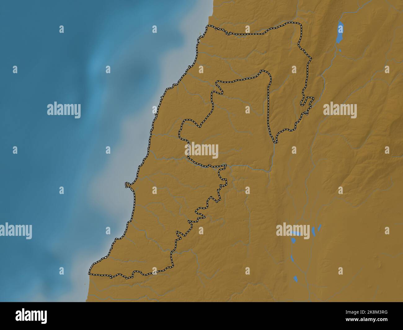 South, governorate of Lebanon. Colored elevation map with lakes and ...