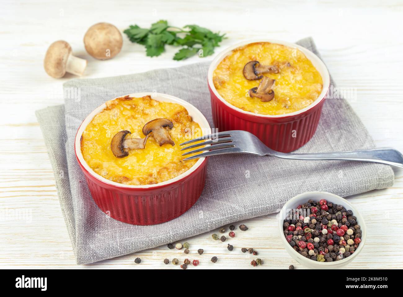 Chicken and mushroom casserole with golden crust, julienne with baked ...