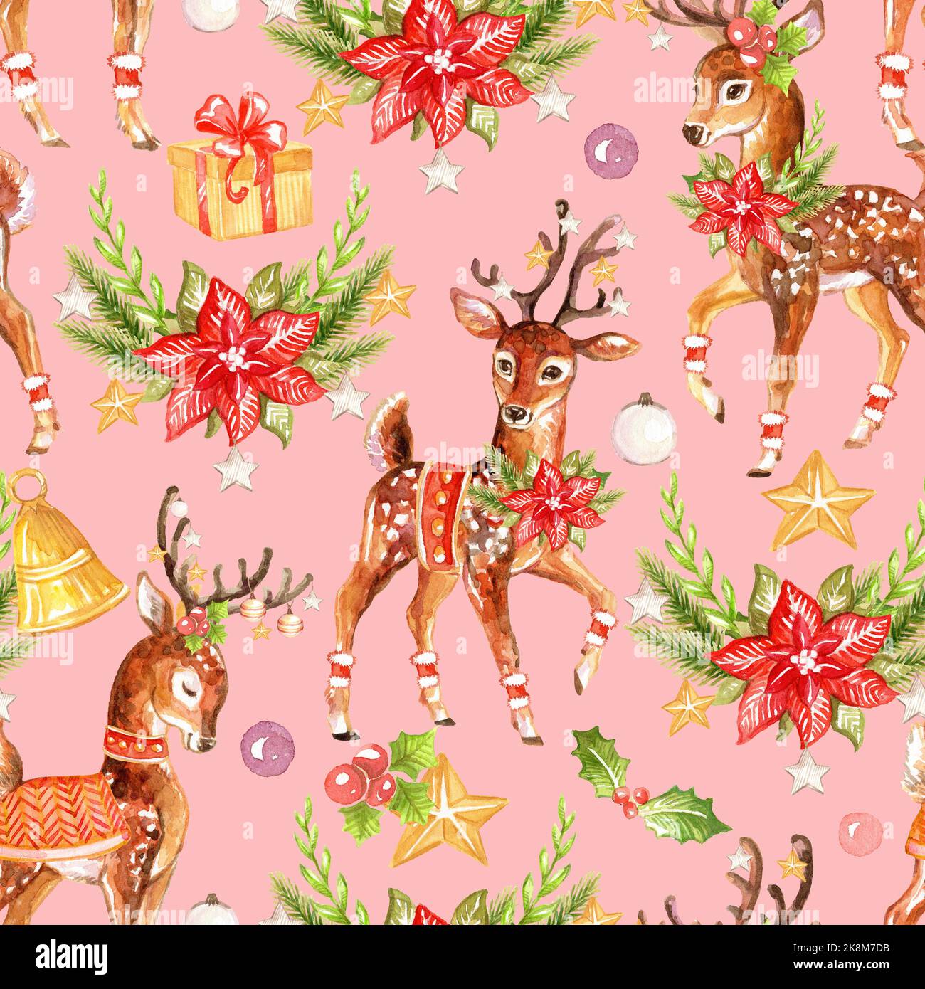 Seamless pattern deer with plants and stars. Hand drawn watercolor ...