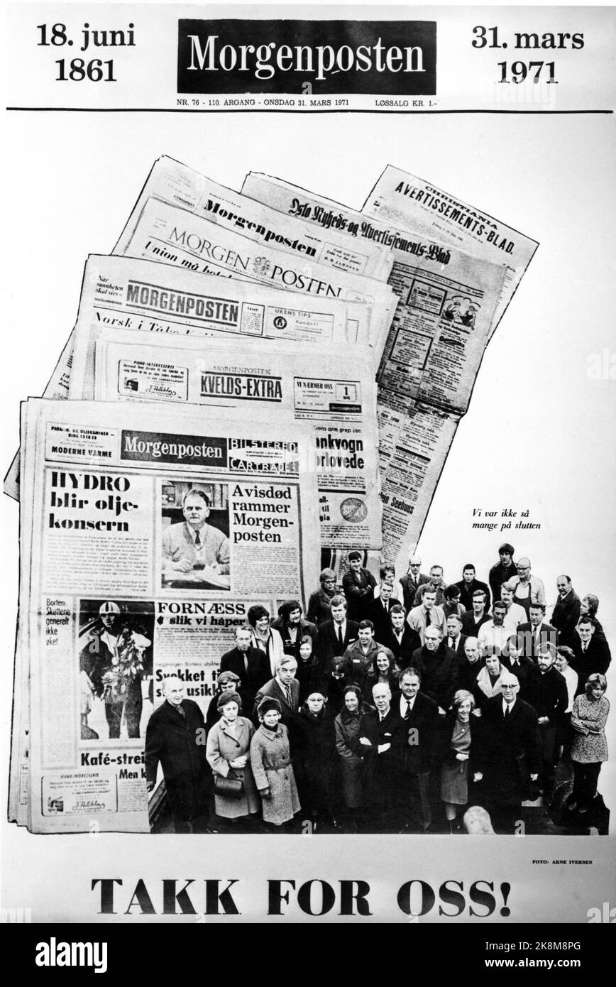 Oslo 19710330. The newspaper Morgenposten's last page on its last day ...