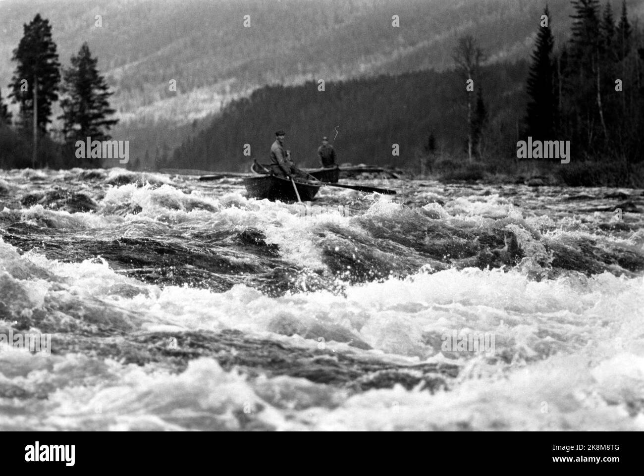 Trysil / Engerdal 197206. Timber flight in the Trysilelva. A boat layer ...