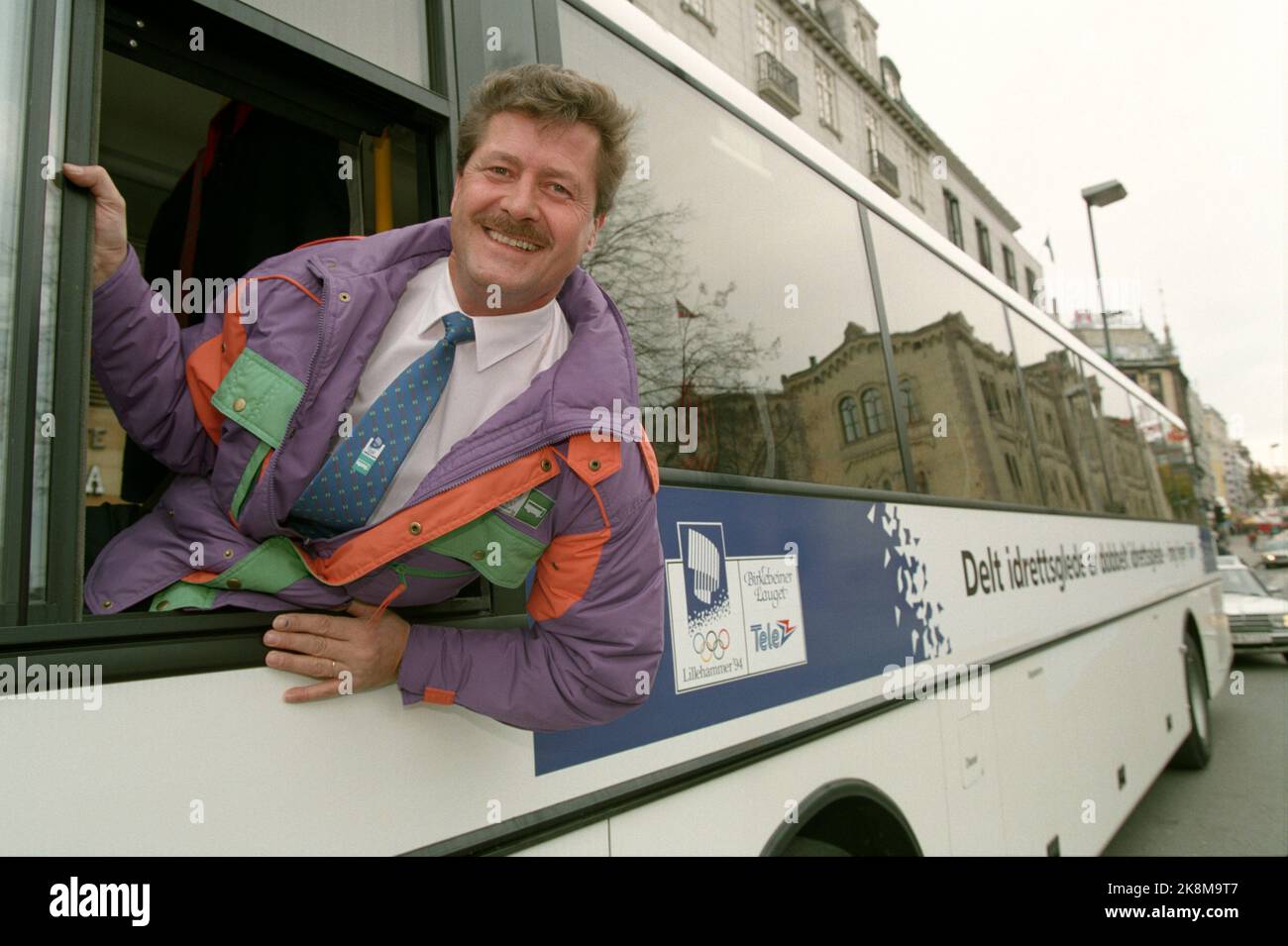 Oslo 19931019: Olympic logos-Olympic attire. Professional driver Inge ...