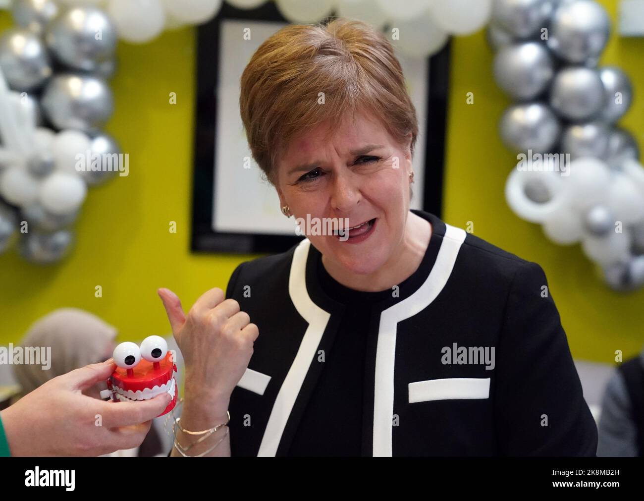 First Minister Nicola Sturgeon with comedy teeth during her visit to ...
