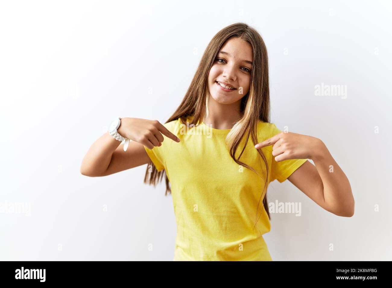 Young brunette teenager standing together over isolated background ...