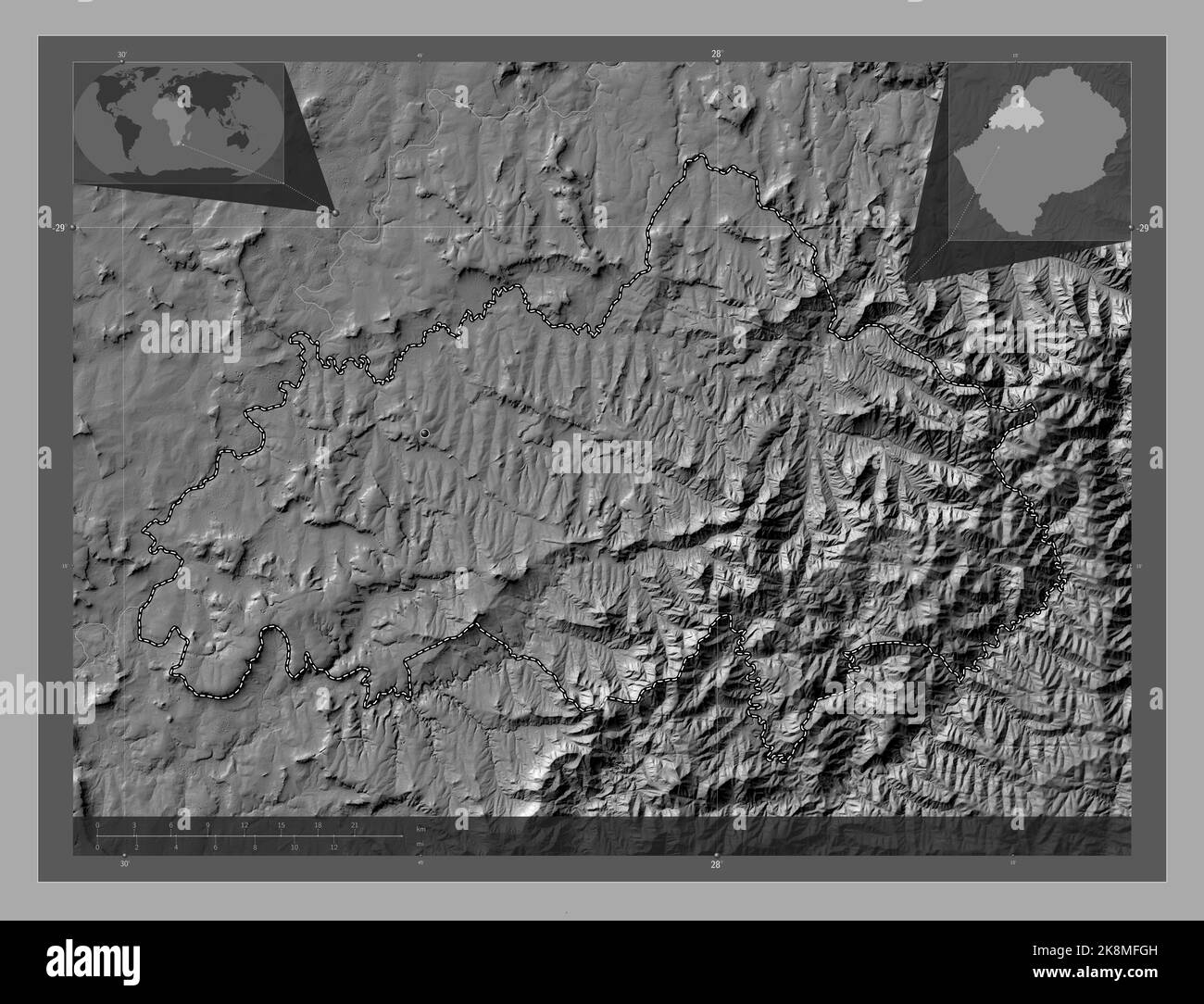 Berea, district of Lesotho. Bilevel elevation map with lakes and rivers ...