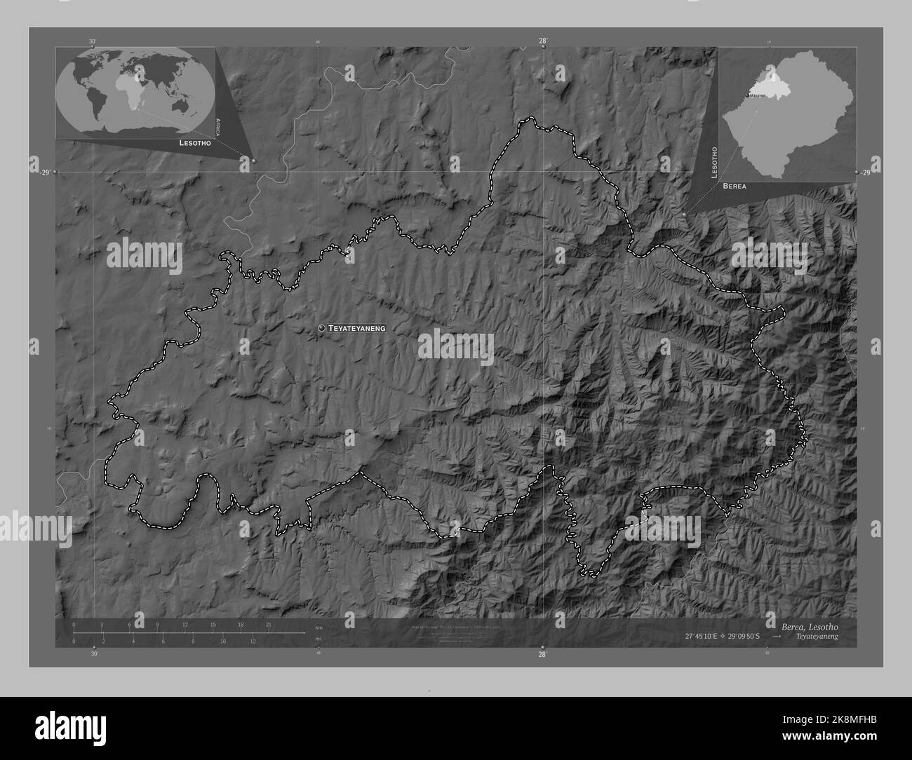 Berea, district of Lesotho. Grayscale elevation map with lakes and ...