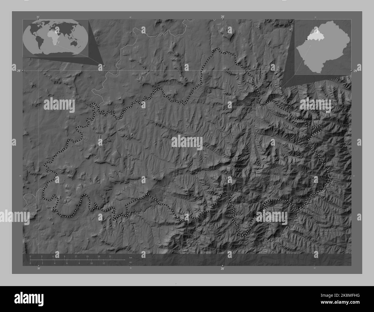 Berea, district of Lesotho. Grayscale elevation map with lakes and ...