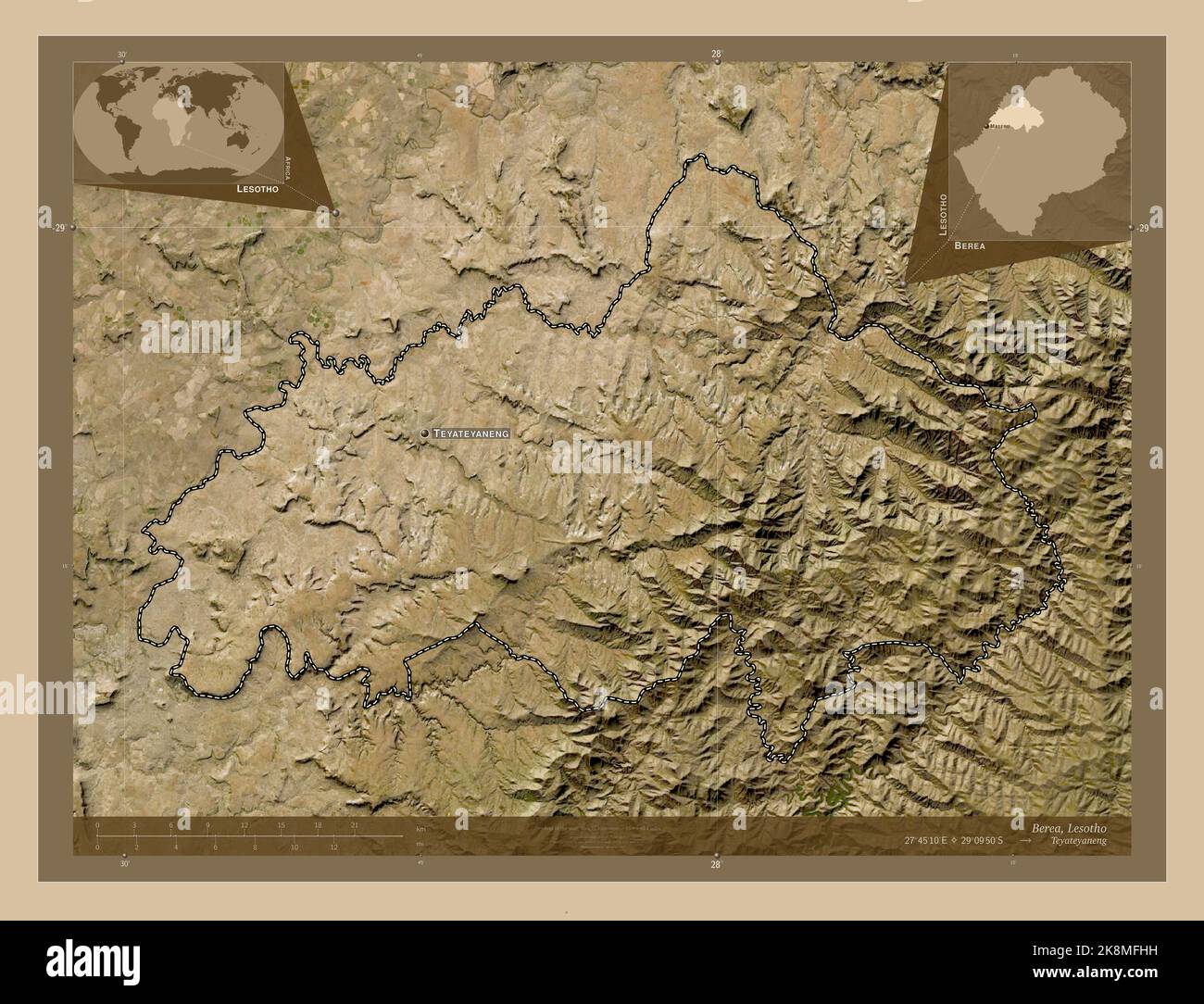Berea, district of Lesotho. Low resolution satellite map. Locations and ...