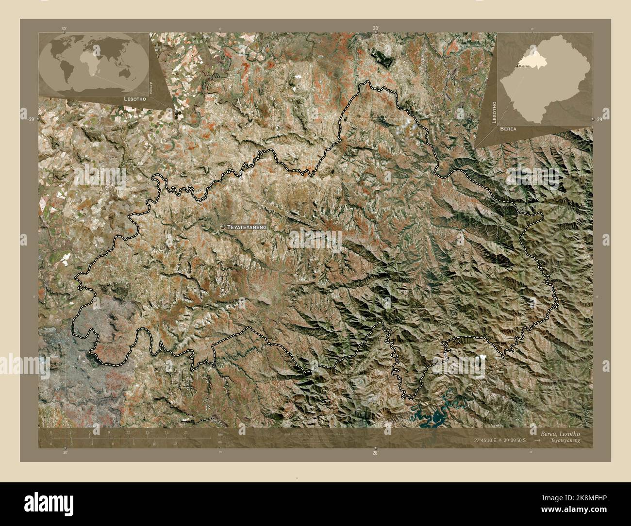 Berea, district of Lesotho. High resolution satellite map. Locations ...