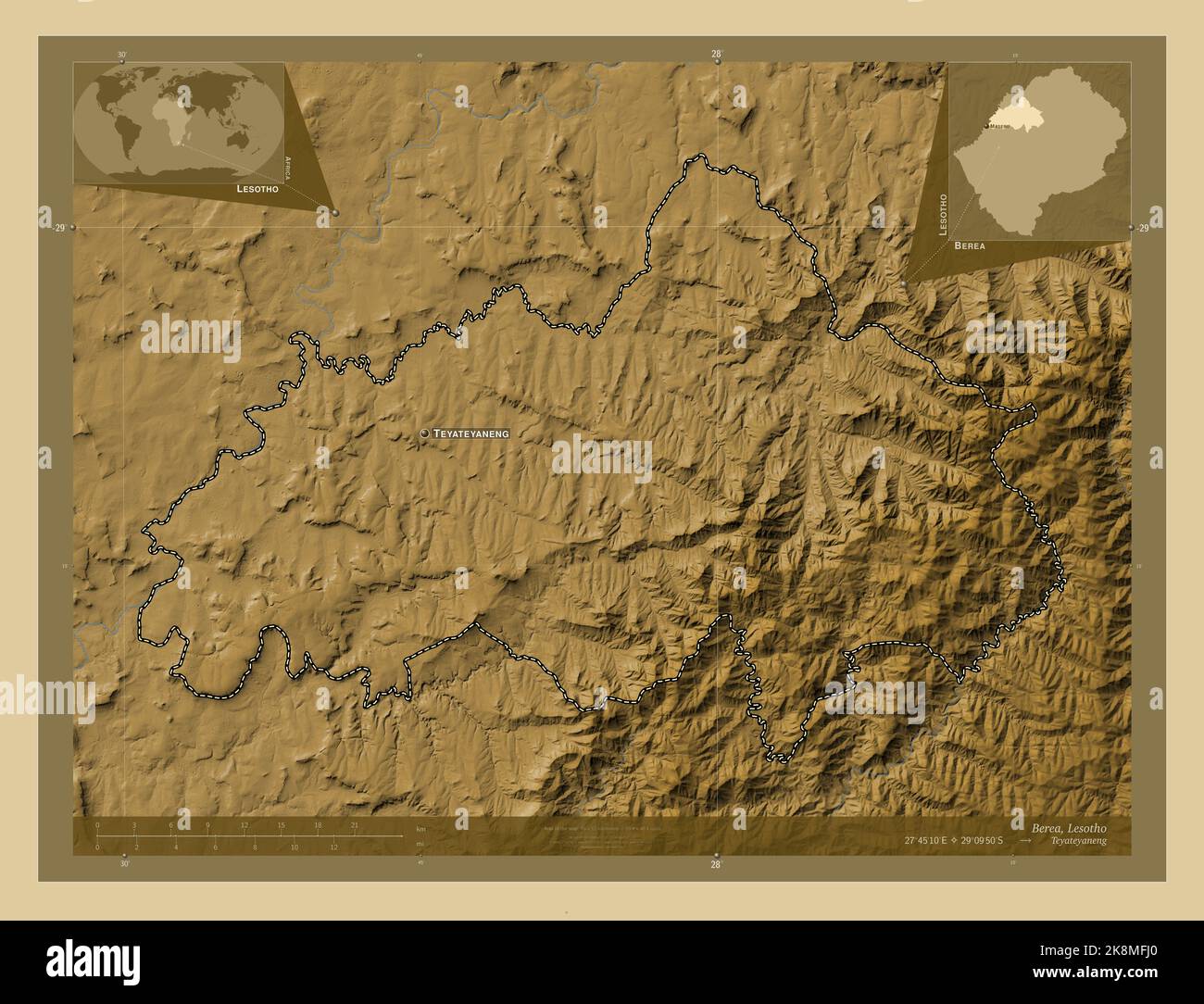 Berea, district of Lesotho. Colored elevation map with lakes and rivers ...