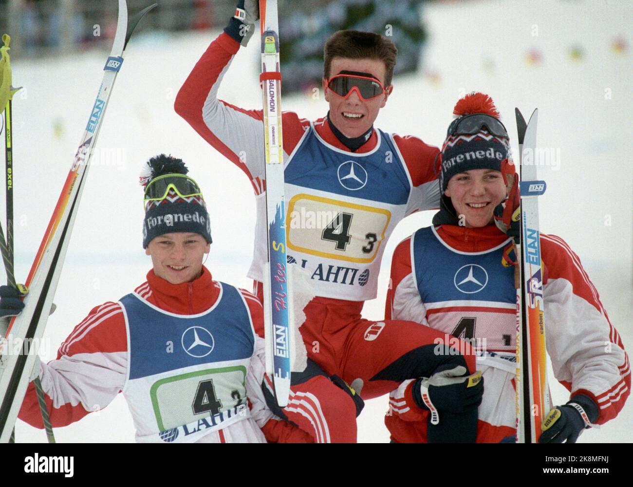 Lahti, Finland 19890224. Ski World Cup in Lahti. Combined team, men. The winning team in team ...
