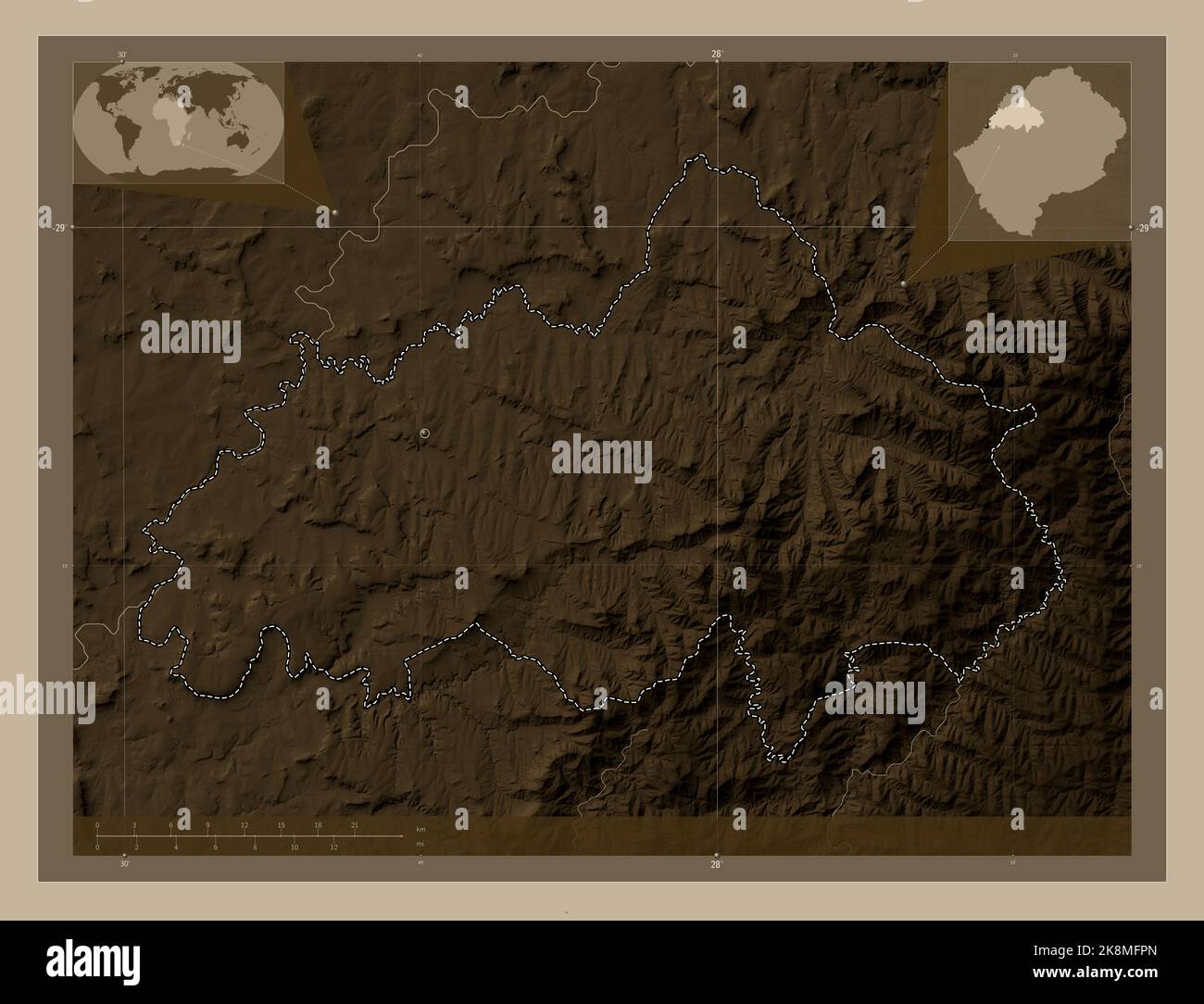 Berea, district of Lesotho. Elevation map colored in sepia tones with ...