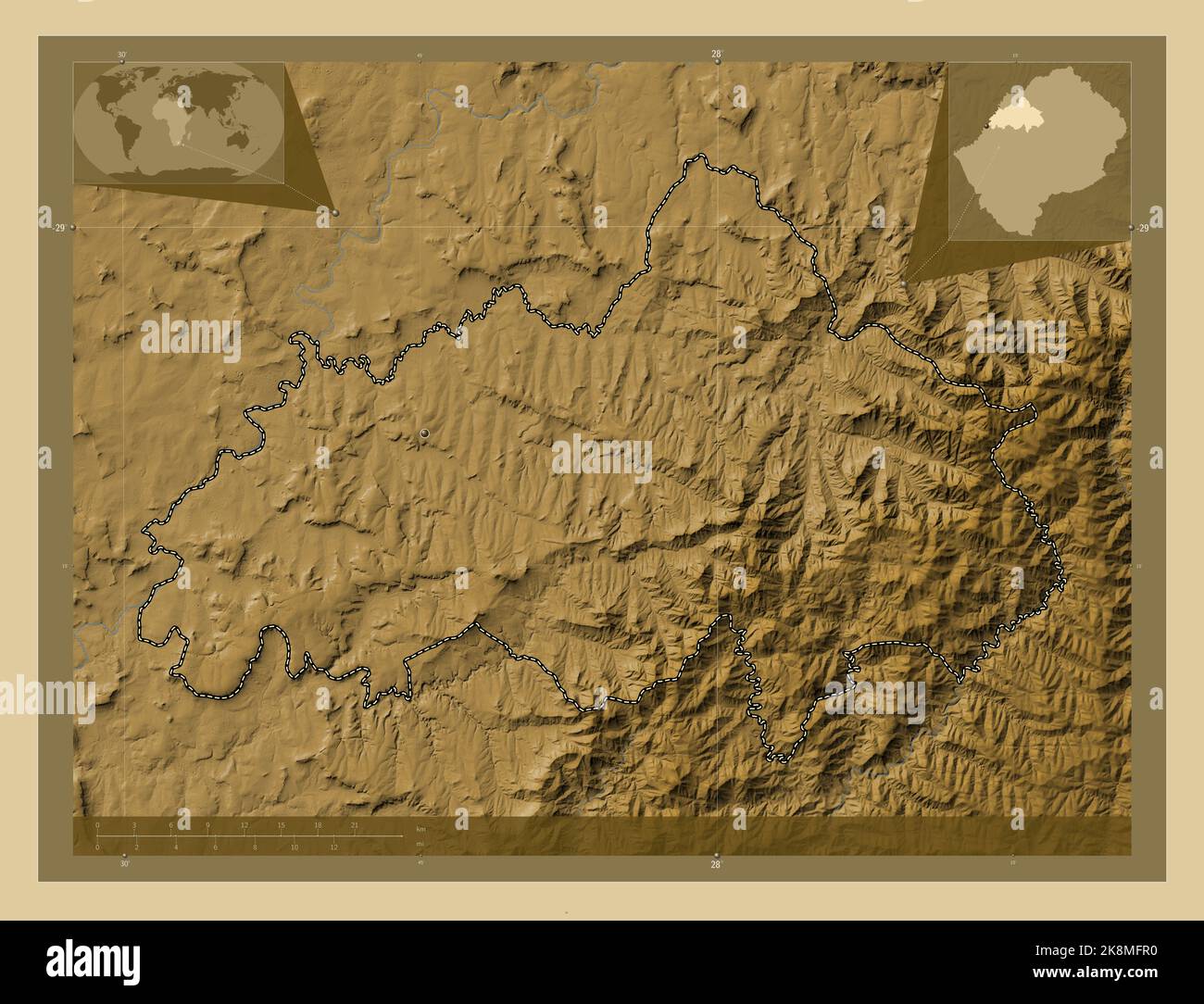 Berea, district of Lesotho. Colored elevation map with lakes and rivers ...