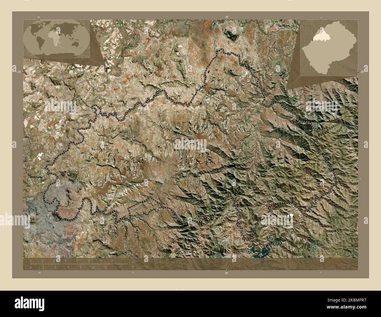 Berea, district of Lesotho. High resolution satellite map. Locations of ...