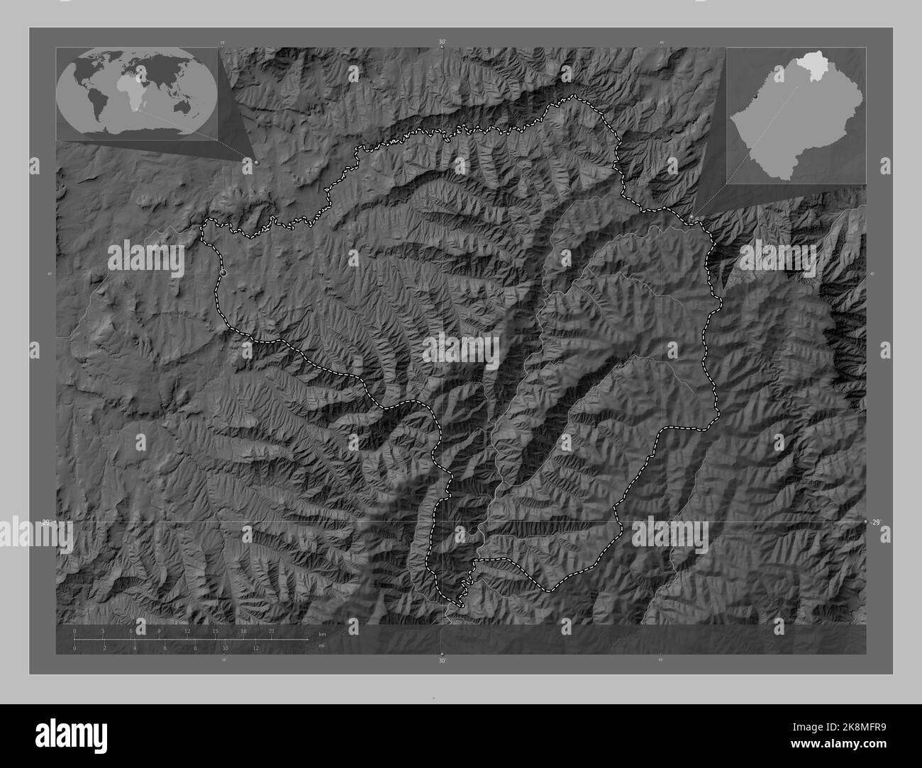 Butha-Buthe, district of Lesotho. Grayscale elevation map with lakes ...