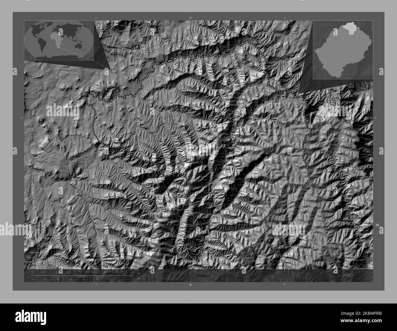 Butha-Buthe, district of Lesotho. Bilevel elevation map with lakes and ...