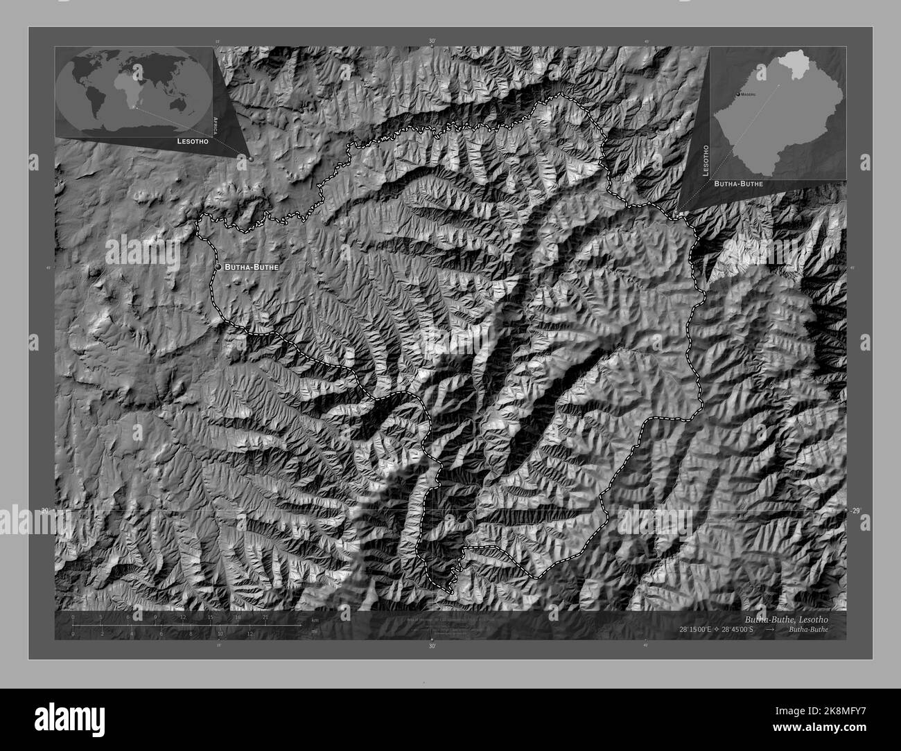 Butha-Buthe, district of Lesotho. Bilevel elevation map with lakes and ...