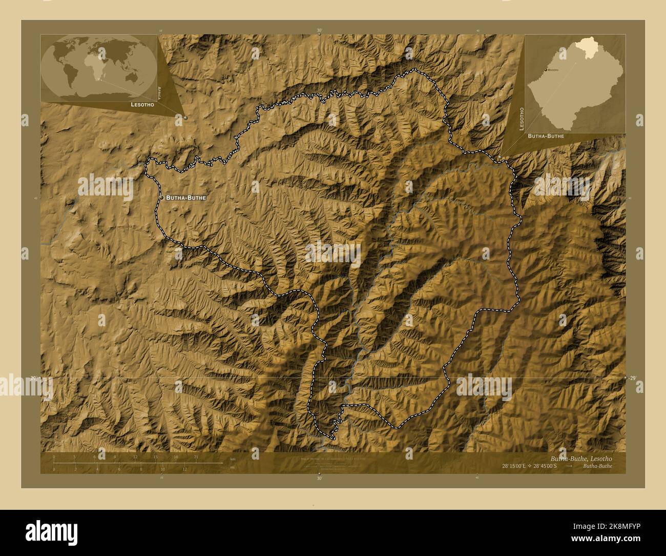 Butha-Buthe, district of Lesotho. Colored elevation map with lakes and ...