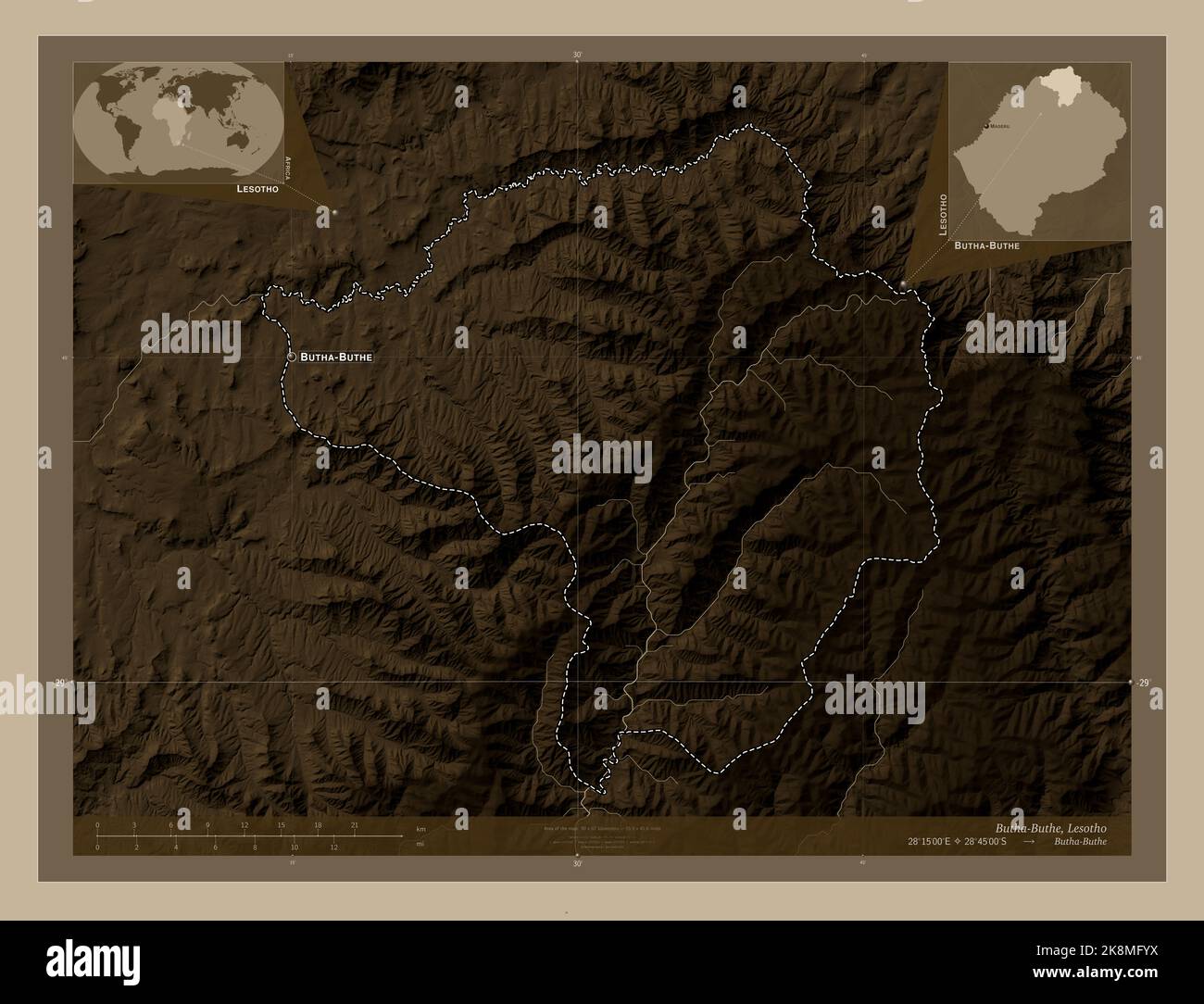 Butha-Buthe, district of Lesotho. Elevation map colored in sepia tones ...