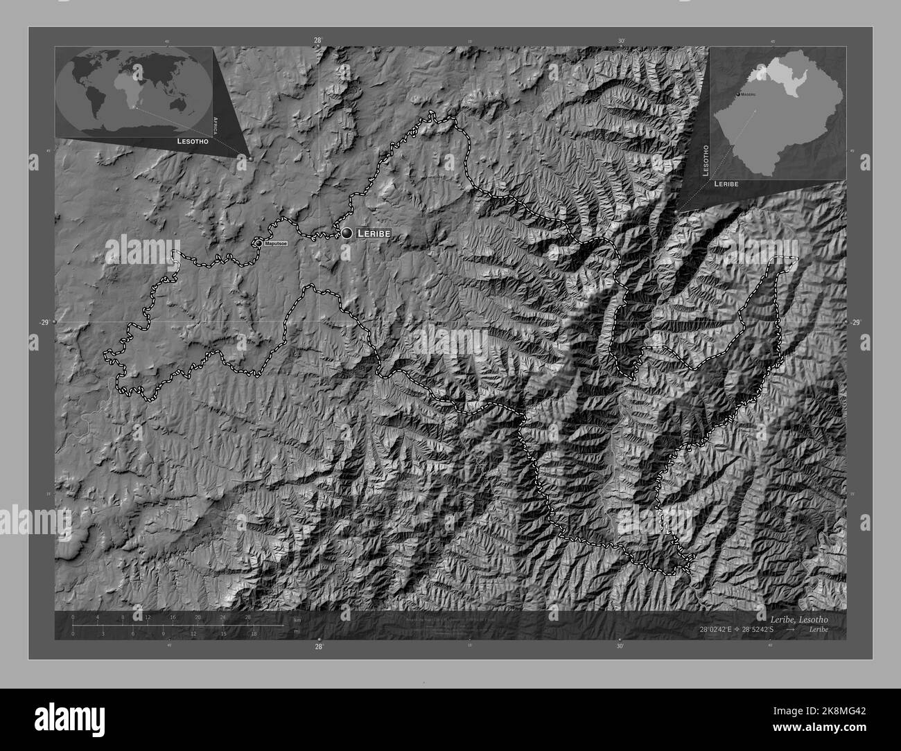 Leribe, district of Lesotho. Bilevel elevation map with lakes and ...